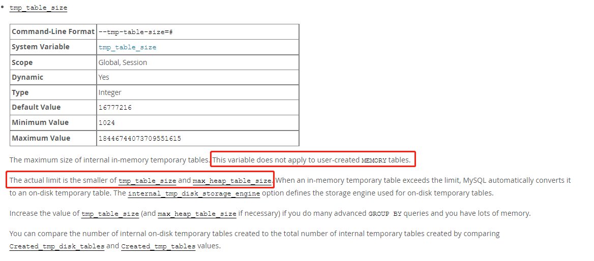 MySQL tmp table size max heap table size 