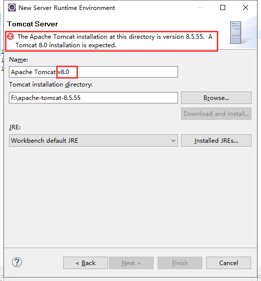 Eclipse配置tomcat报错:the Apache Tomcat Installation At This Directory Is Version 8555 A Tomcat 8