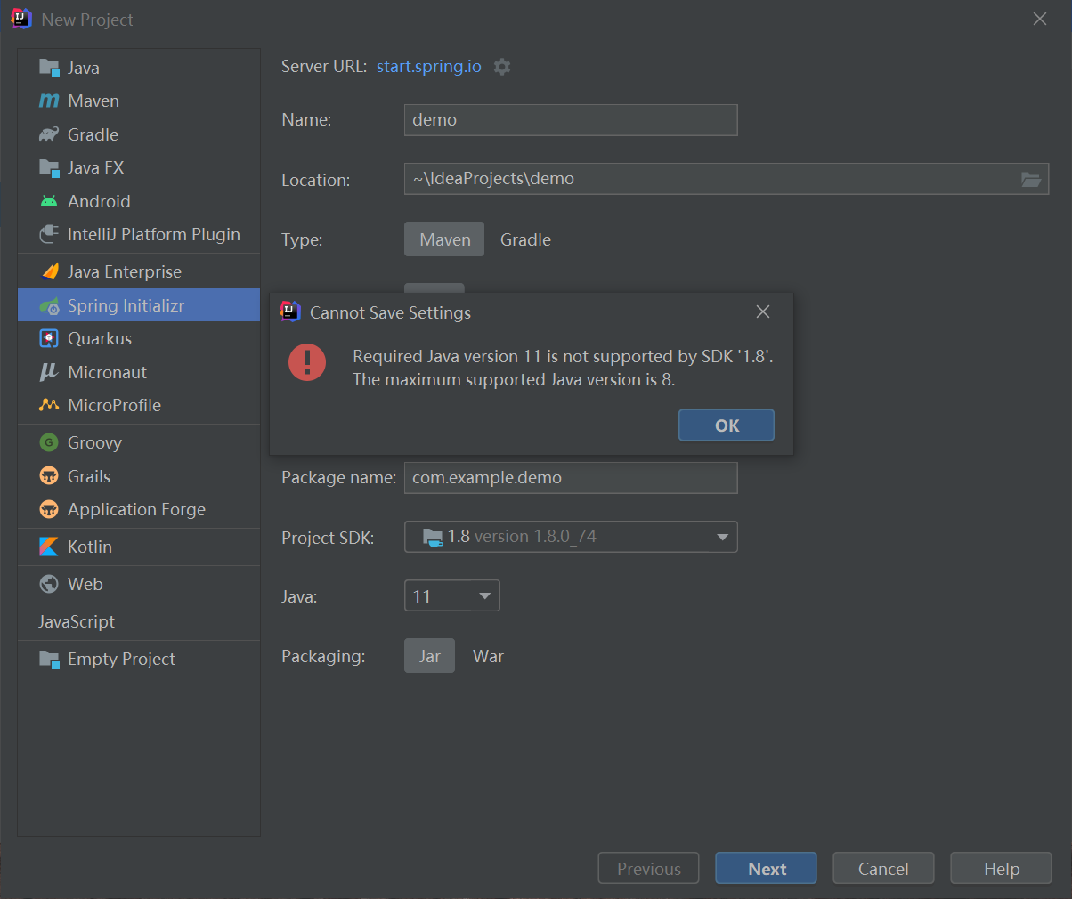 IDEA创建工程时提示"Required Java version 11 is not supported by SDK '1.8'. The maximum supported Java ...