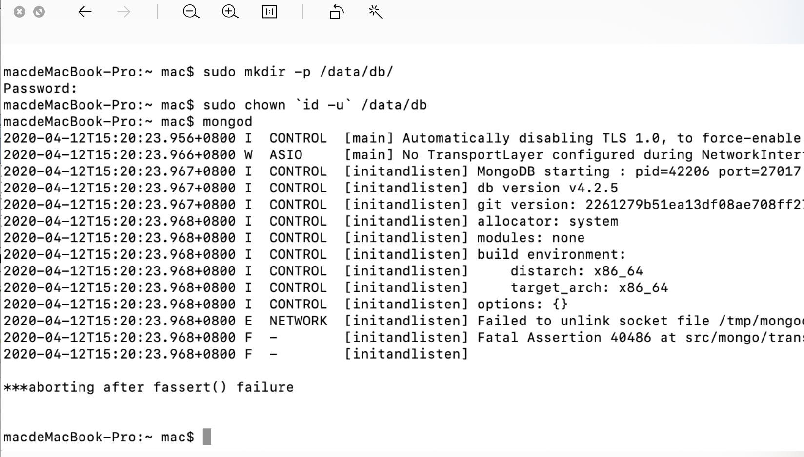 mac环境mongodb启动报aborting after fassert() failure - Miss大白白 - 博客园