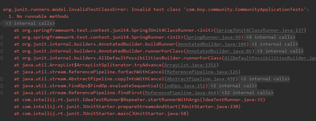警告: Runner org.junit.internal.runners.ErrorReportingRunner (used on class com.boy.community ...