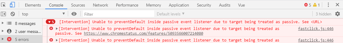 Vue项目出现错误: Unable To Preventdefault Inside Passive Event Listener Due