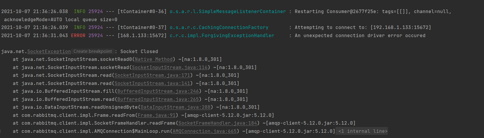Springboot集成rabbitmq，调用接口时， Error 25924 [168 1 133 15672] C R C Impl