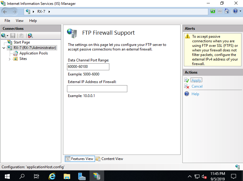IIS 10 FTP Passive Mode 